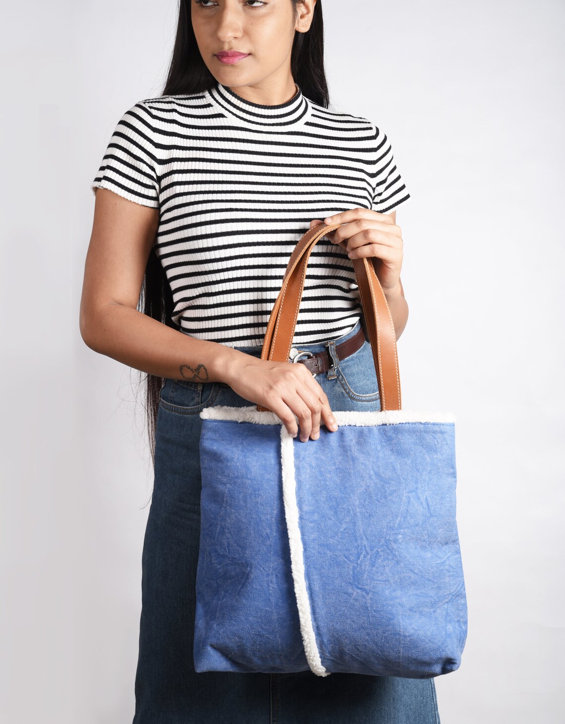 SALE Blue Canvas Tote Bag With Pure Leather Handles and Faux - Etsy