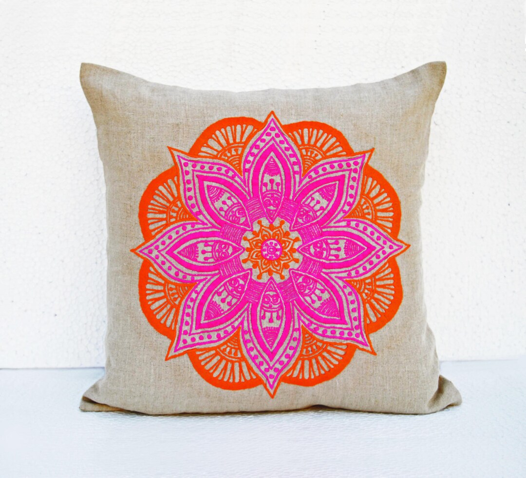 Mandala Linen Pillow Cover, Embroidered Pillow Case, Tribal, Indian ...