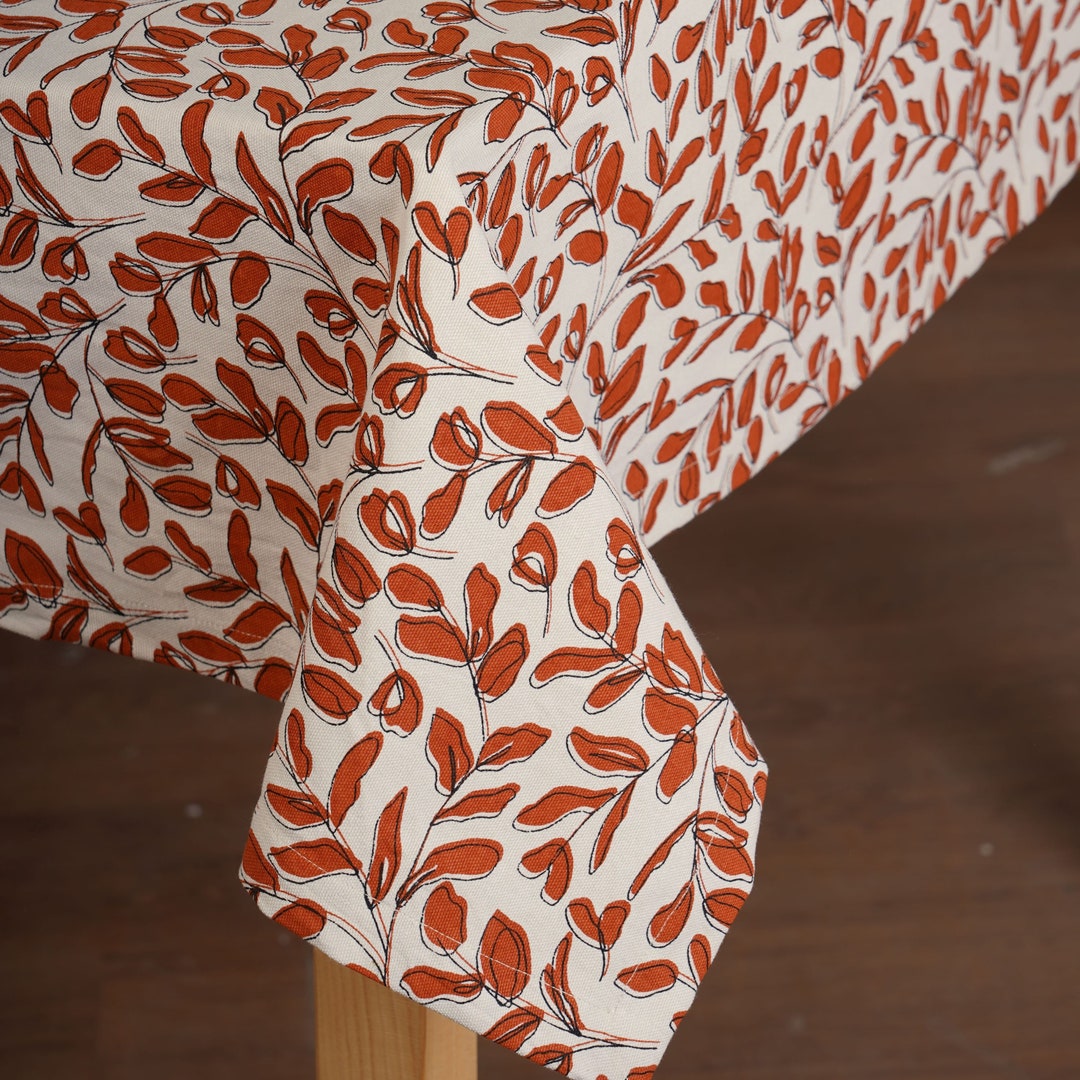 Terracotta Cotton Table Cloth With Leaf Print, Sizes Available - Etsy