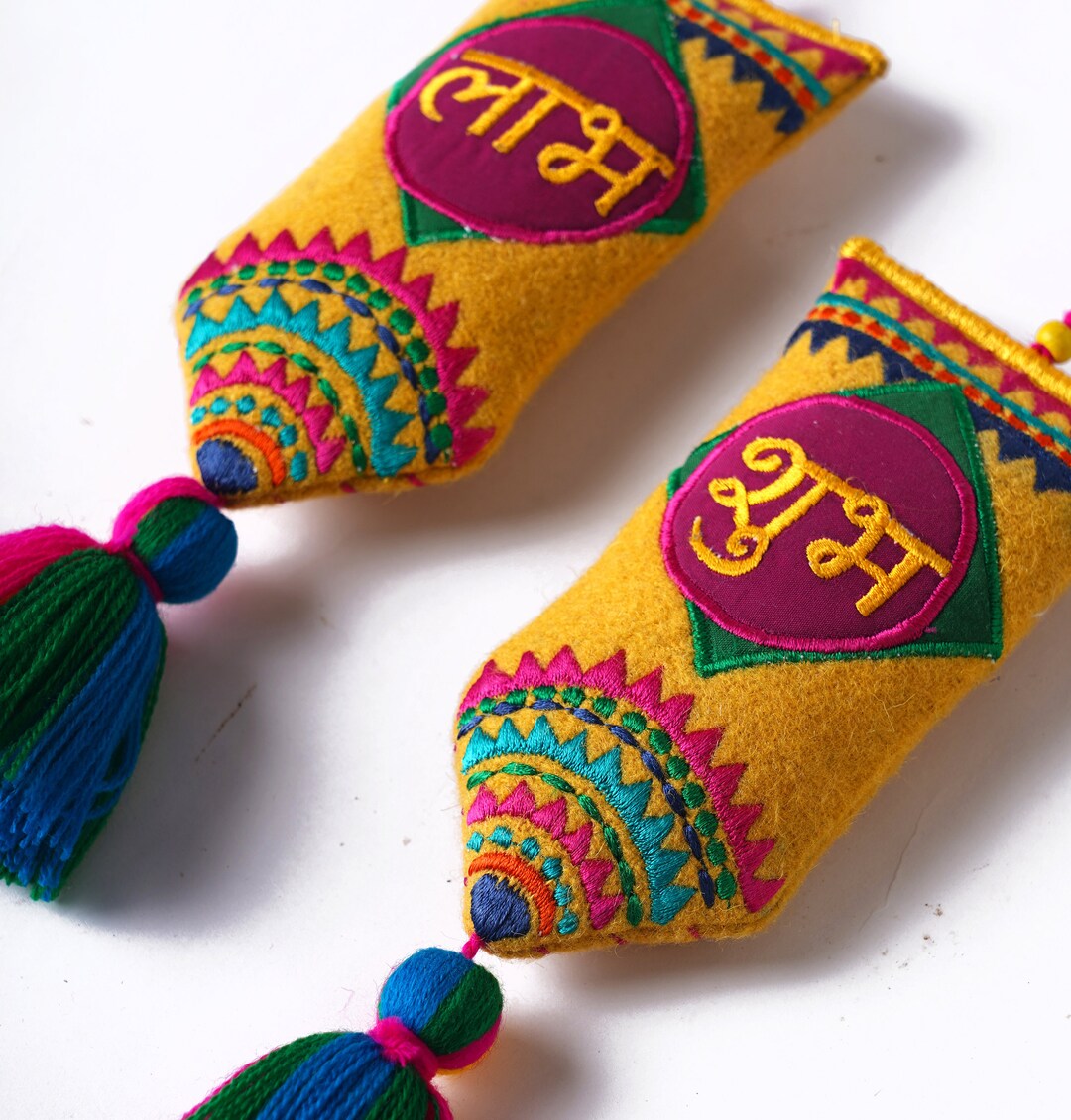 Pair of SHUBH-LABH Tassels, Multicolor Handmade Auspicious Charm, Size ...