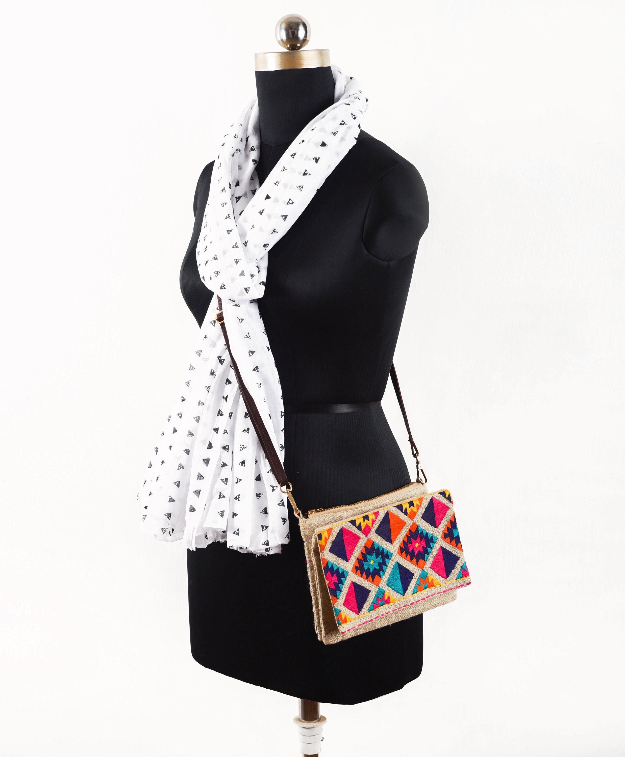 Boho Linen Sling Bag, Embroidered Kilim Pattern, Leather Strap - Etsy