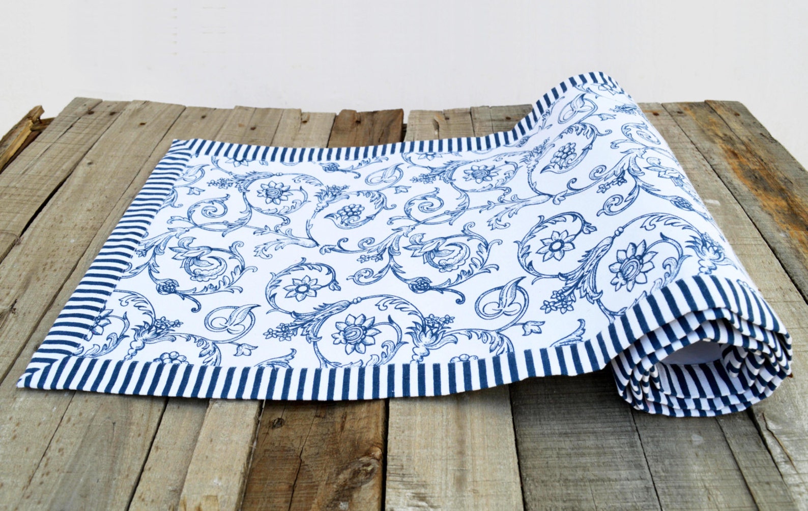 Blue Cotton Table Runner Swirl Print With Stripe Border - Etsy