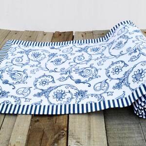 Blue Cotton Table Runner, Swirl Print With Stripe Border, Table Decor ...