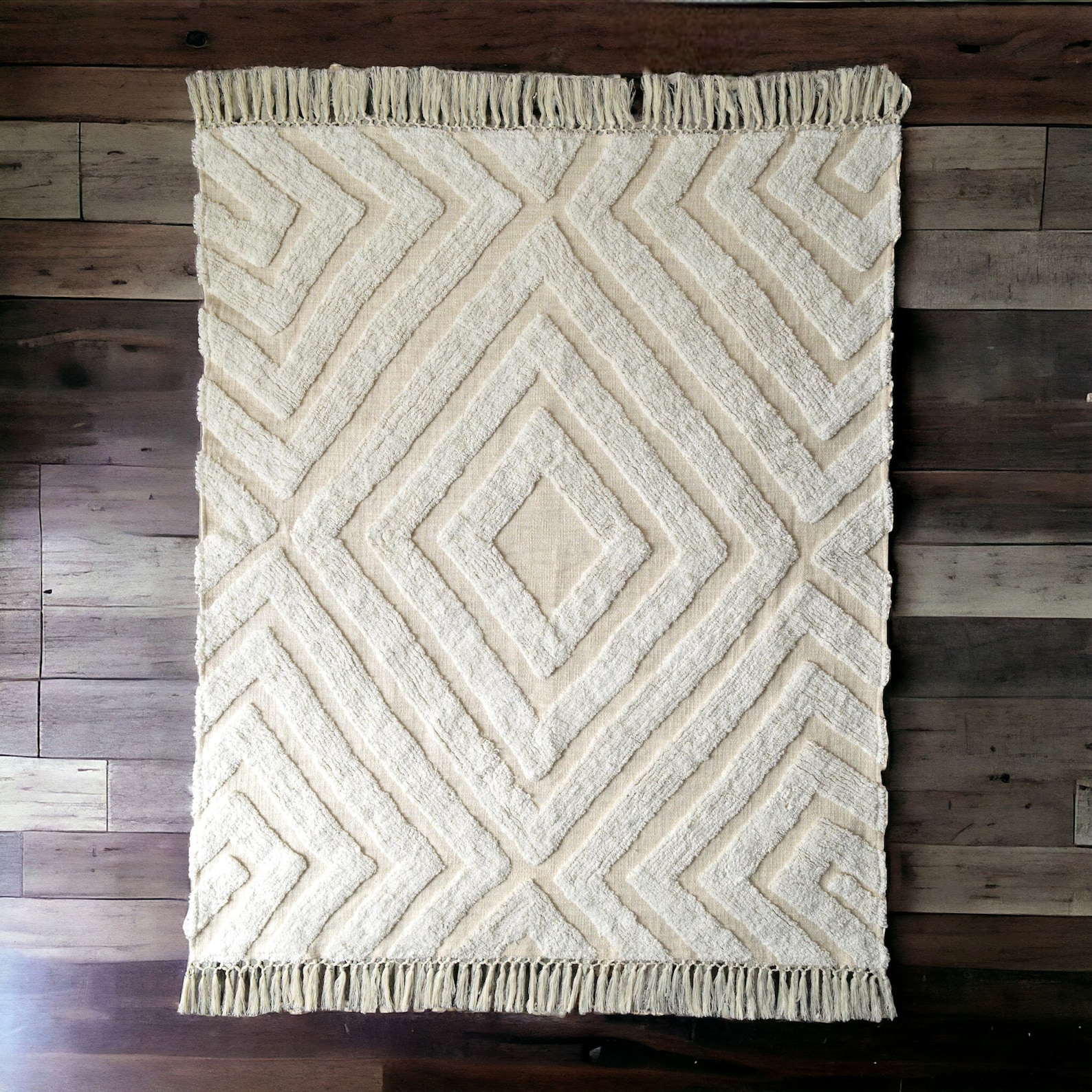 Hand Tufted Cotton Throw Blanket, Diamond Pattern, Fringe, Bohemian ...
