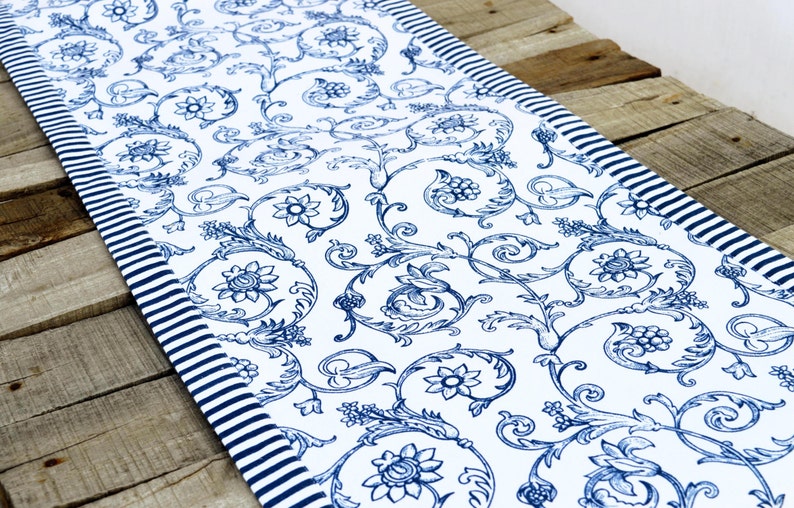 Blue Cotton Table Runner Swirl Print With Stripe Border - Etsy