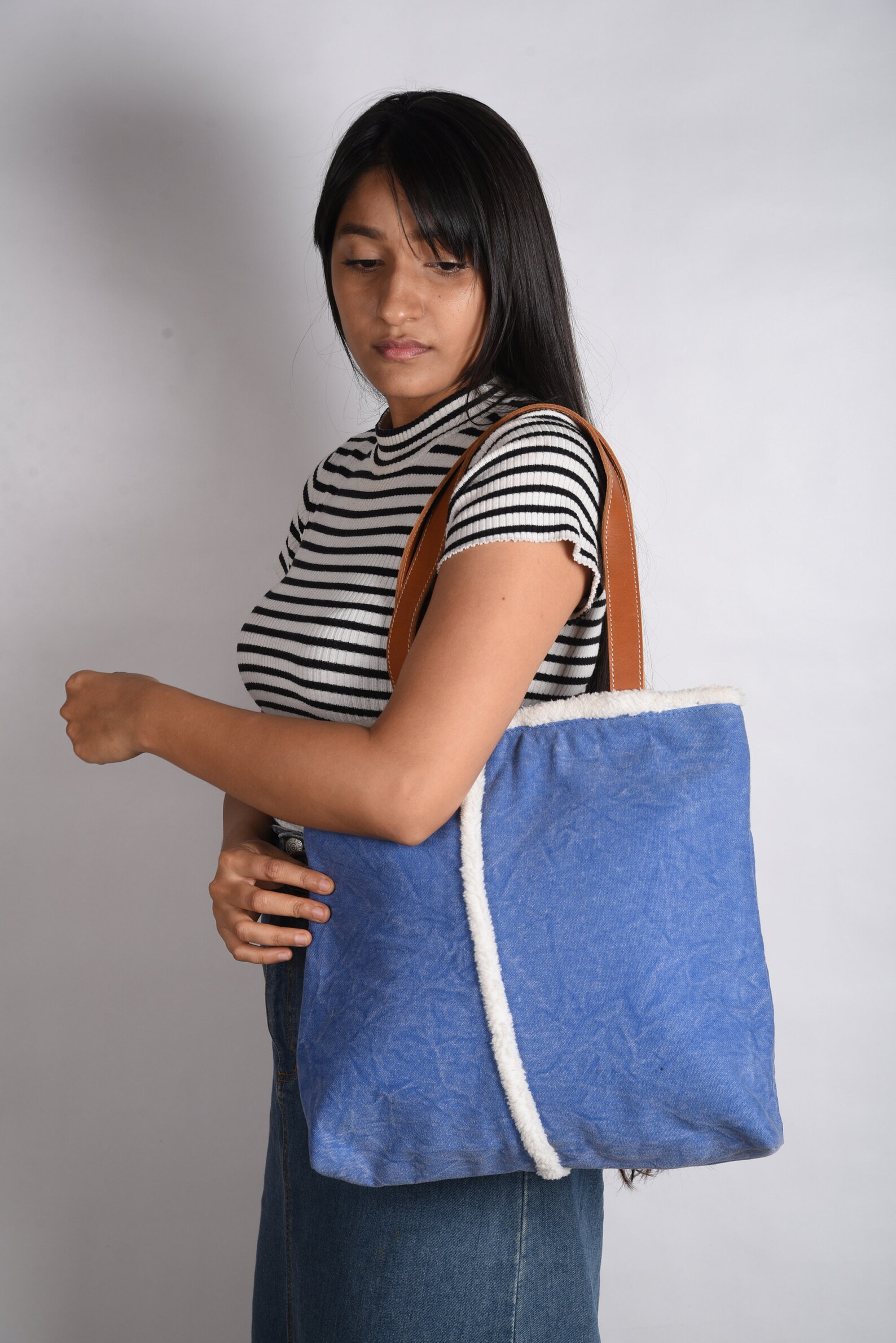 SALE Blue Canvas Tote Bag With Pure Leather Handles and Faux - Etsy