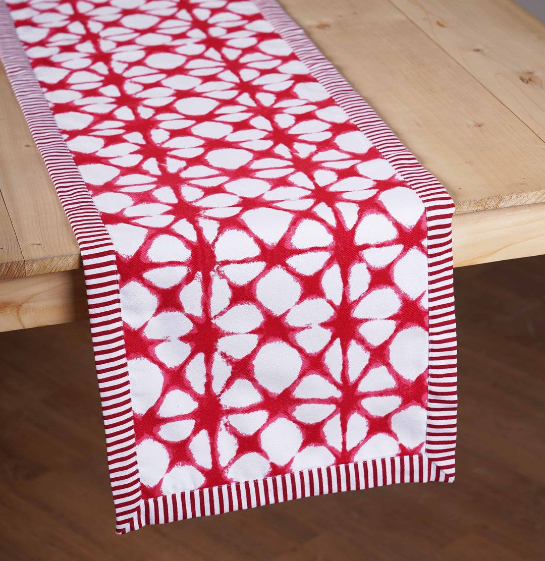 Red Table Runner, Tie Dye Print, Red Stripe Border, Cotton Table Runner ...