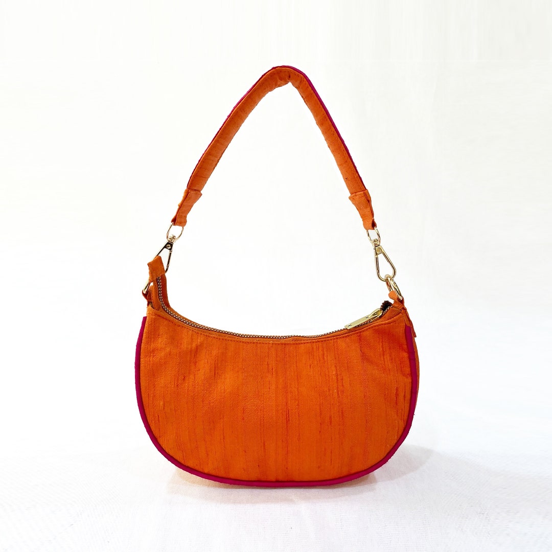 Small Half Moon Crescent Purse, Pure Silk, Tangerine and Hot Pink ...