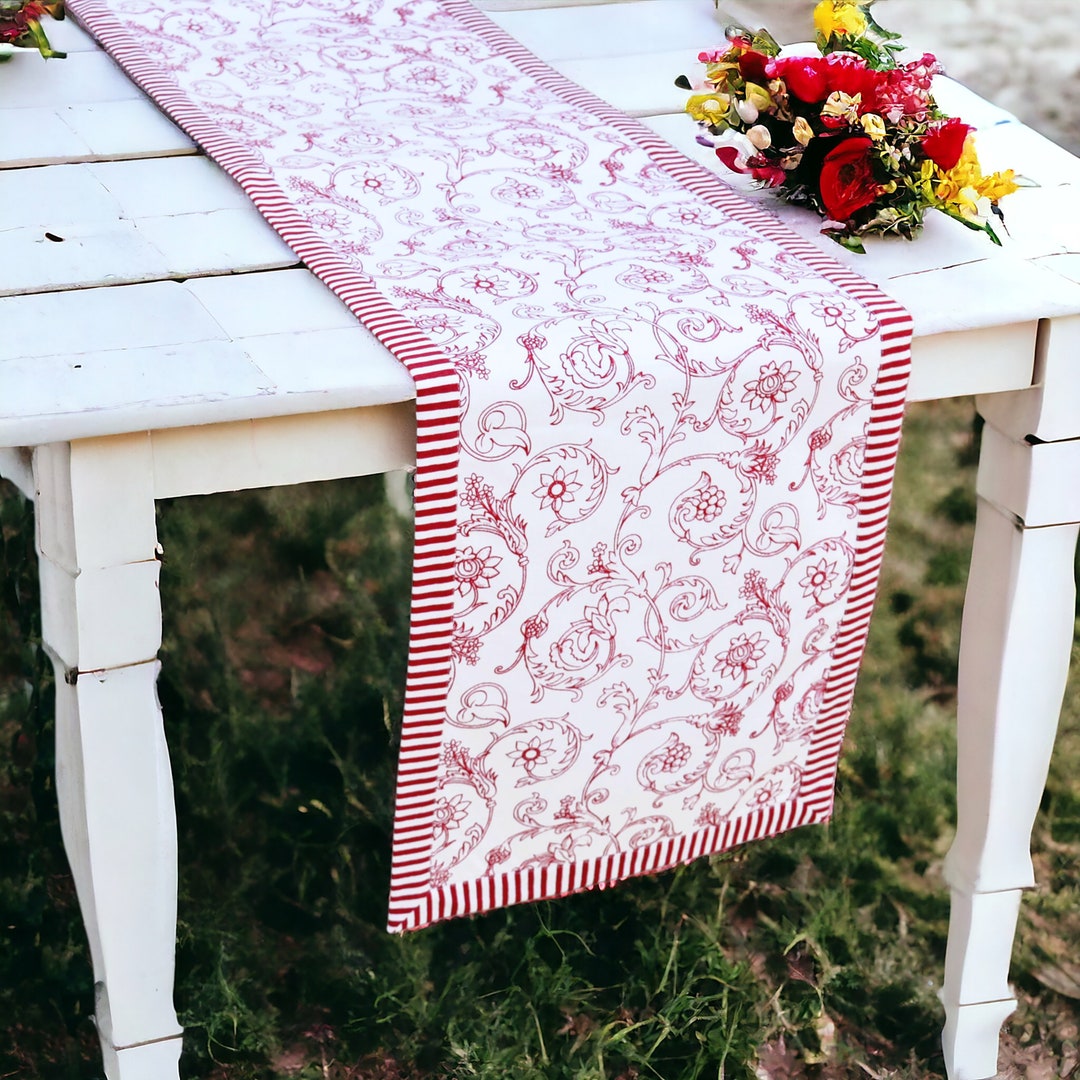 Red Runner, Swirl Print, Red Stripe Border, Cotton Table Runner ...