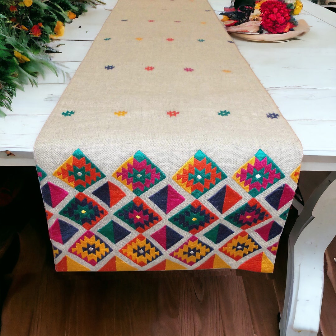 Table Runner, Pure Linen, Multicolor Embroidery, Aztec, Bohemian ...