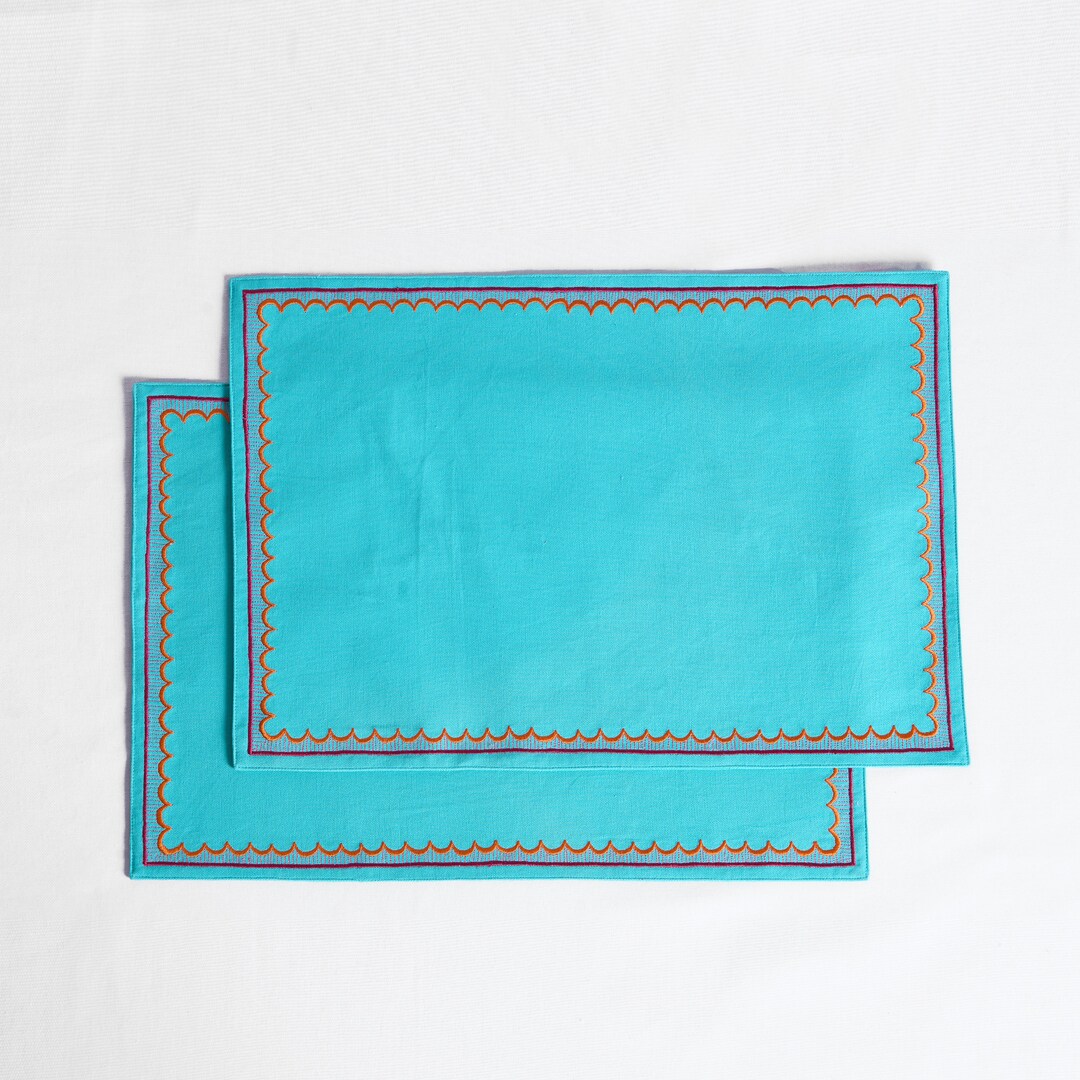 KASHIDAKAARI - Turquoise, Scallop Pattern, Embroidered Placemats - Etsy