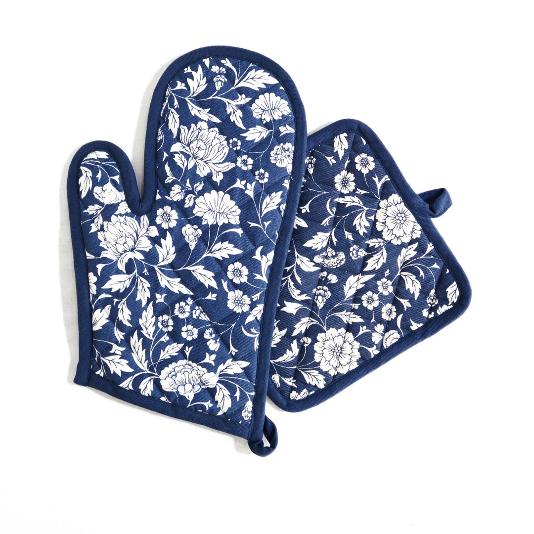 Blue Floral Print Pot Holder and Glove, Indigo, Kalamkari, Indian ...
