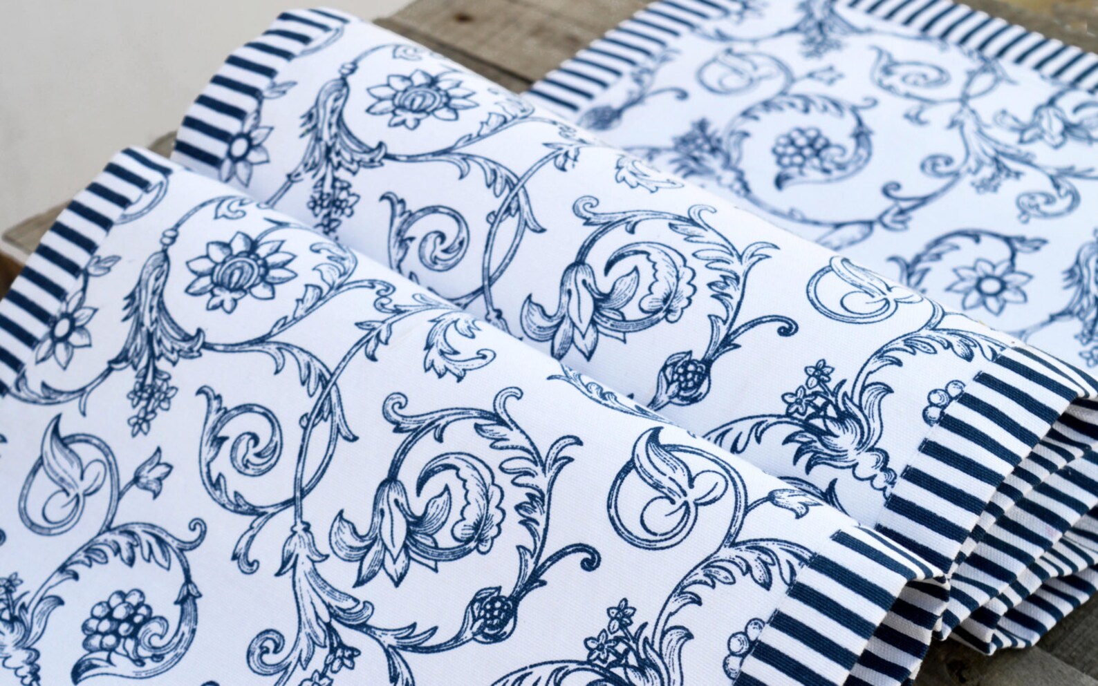 Blue Cotton Table Runner Swirl Print With Stripe Border - Etsy