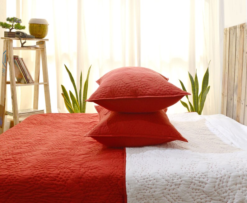 Rust Kantha Quilt With Coordinated Pillow Covers Handquilted - Etsy