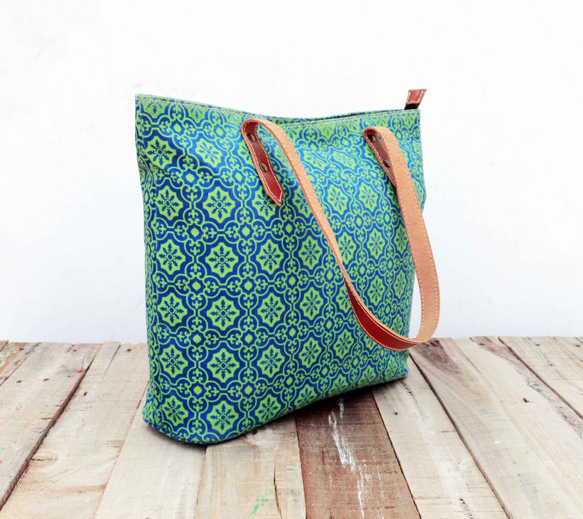 Tote Bag Laminated Cotton Turquoise Bag Retro Print | Etsy