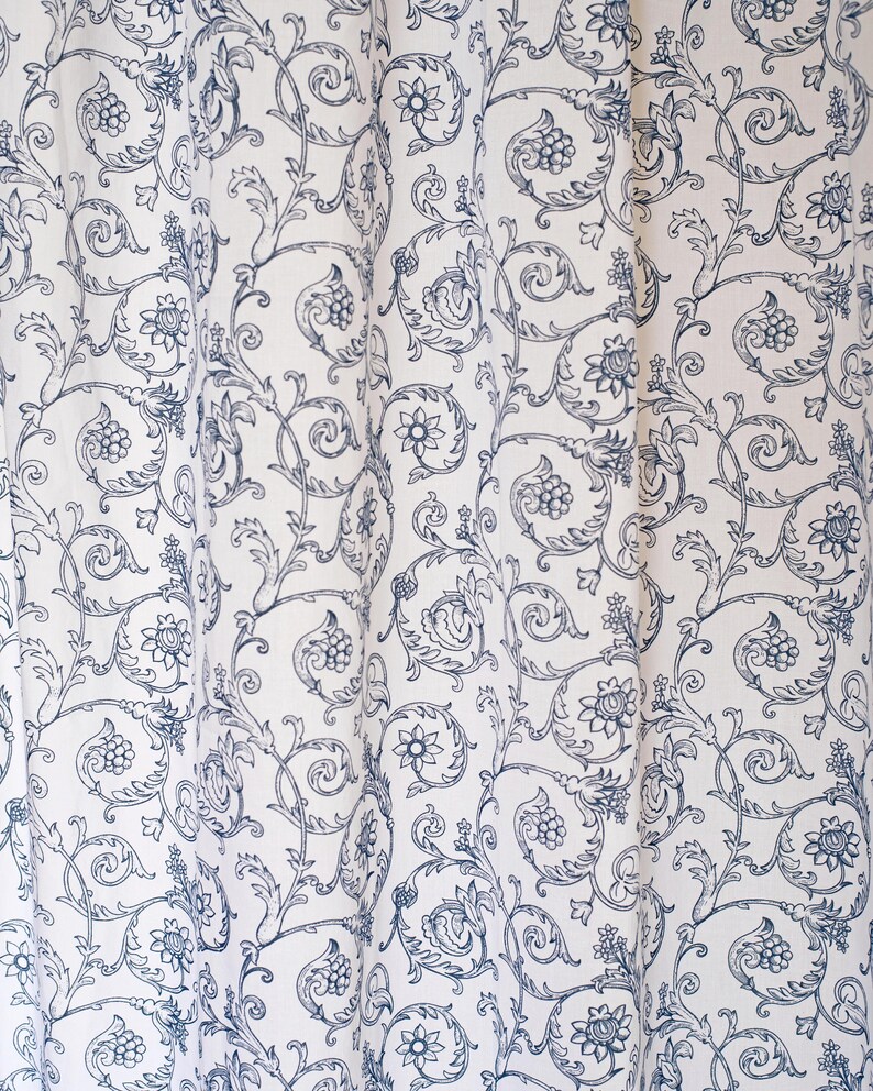 Blue Cotton Voile Curtain Panel Printed Curtain Sheer Drape - Etsy