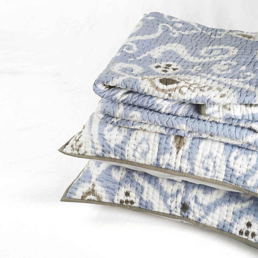 BLUE IKAT Print Kantha Quilted Bed Set - Stripe Pattern Quilting, Sizes ...