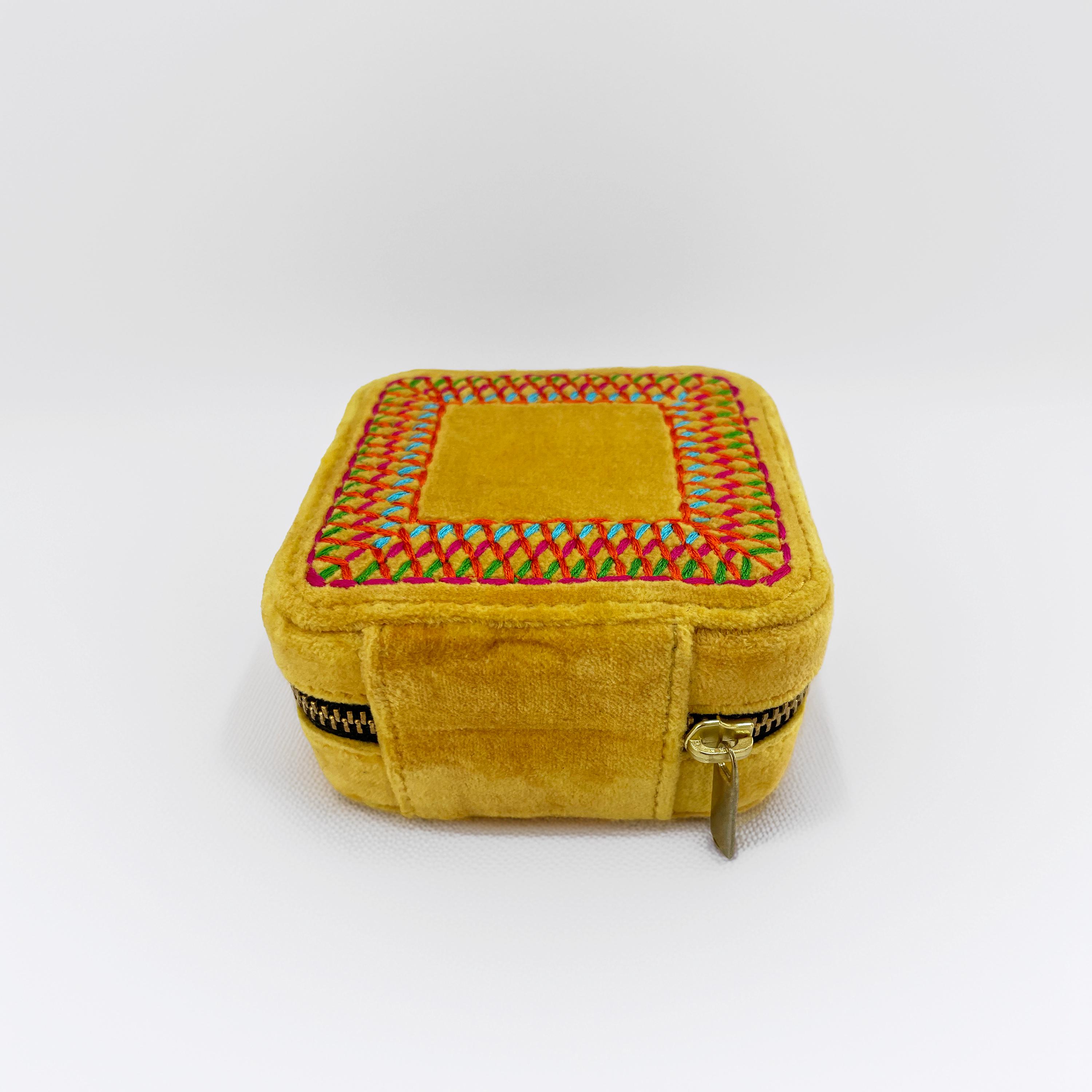 Mustard Velvet Square Embroidered Jewelry Box, Travel Gift, Bridesmaid ...