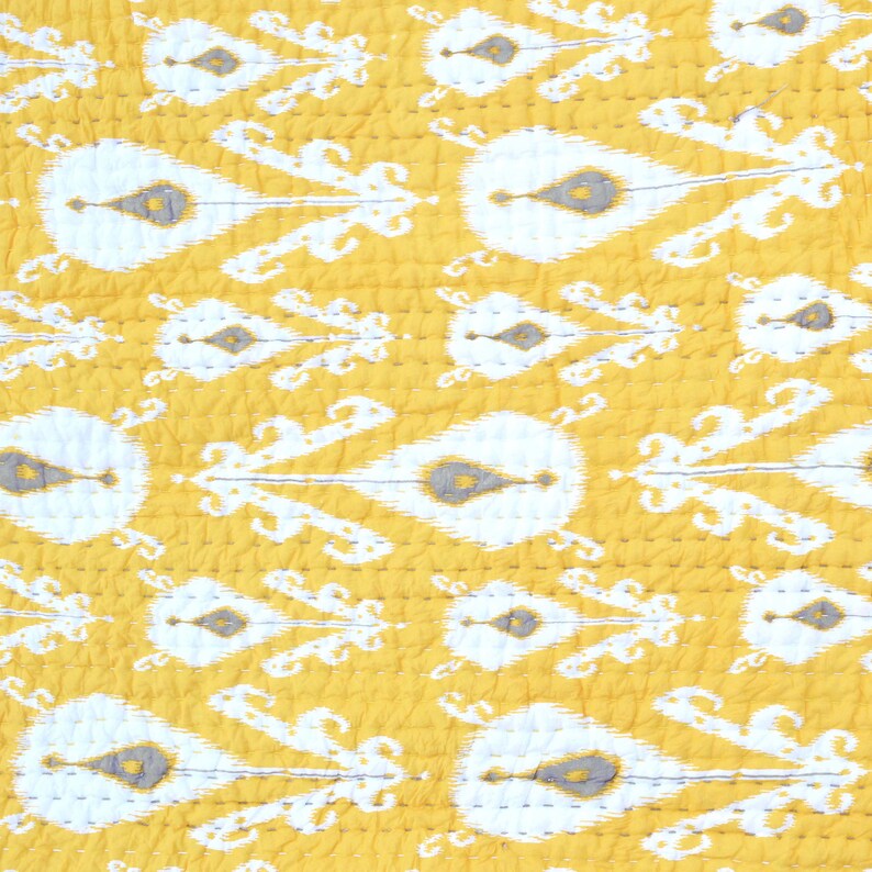 Handcrafted Yellow Ikat Quilt Set – Stripe Pattern Kantha Quilted ...