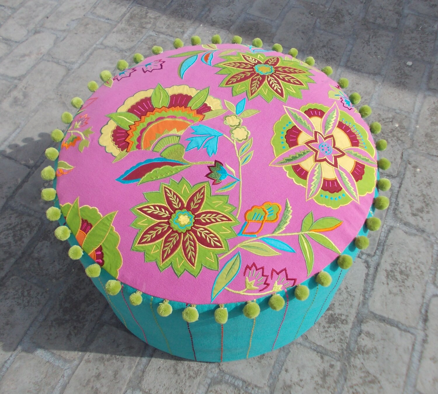 Embroidered Boho Pouf Cover, Dark Pink & Turquoise Embroidered and ...
