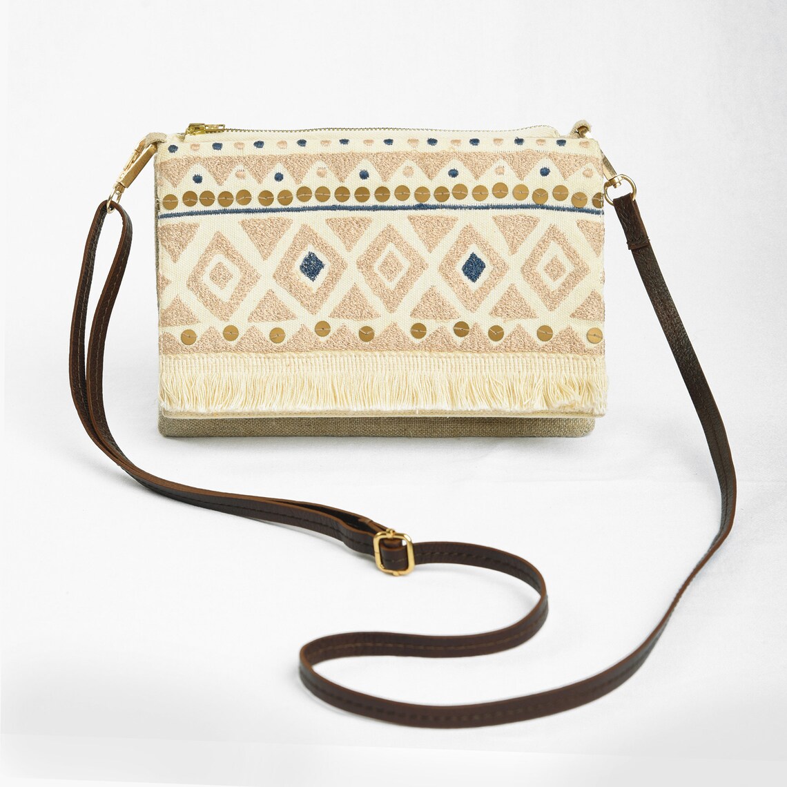 Boho Linen Sling Bag With Leather Strap, Embroidered Fringe - Etsy