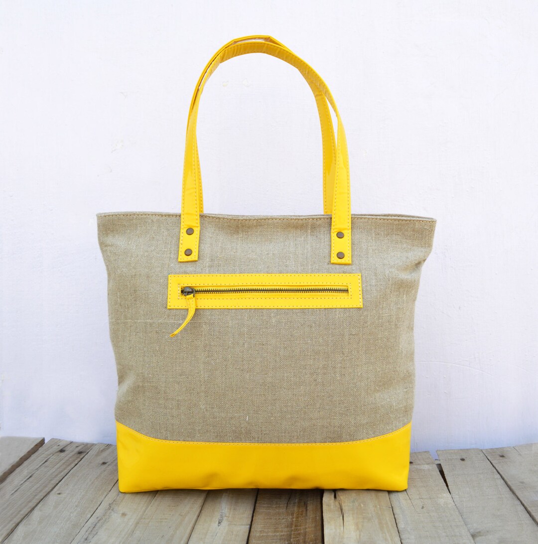 Large Yellow Tote Bag in Linen and Yellow Faux Leather - Etsy