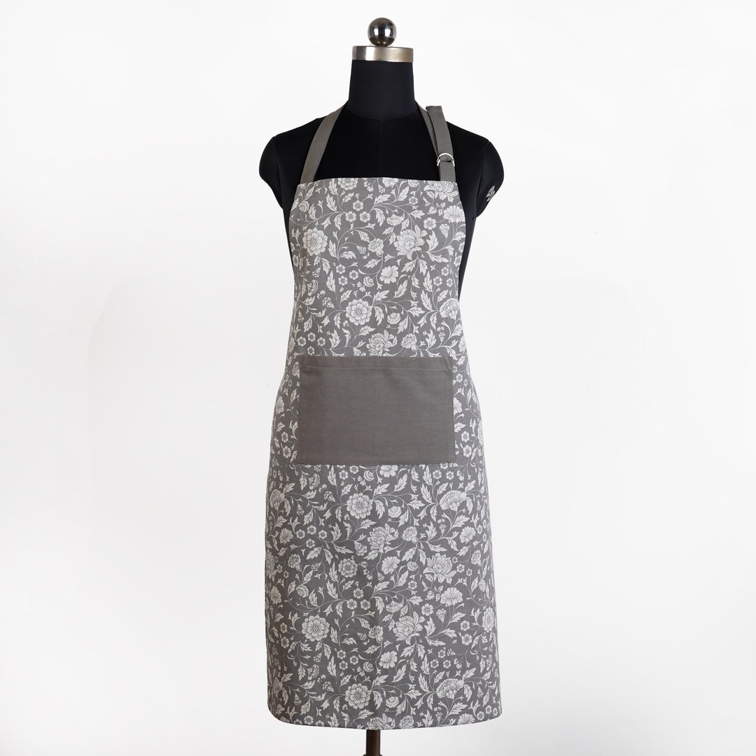 Grey Color Apron, Kalamkari Floral Print, Kitchen Accessory, 100% ...