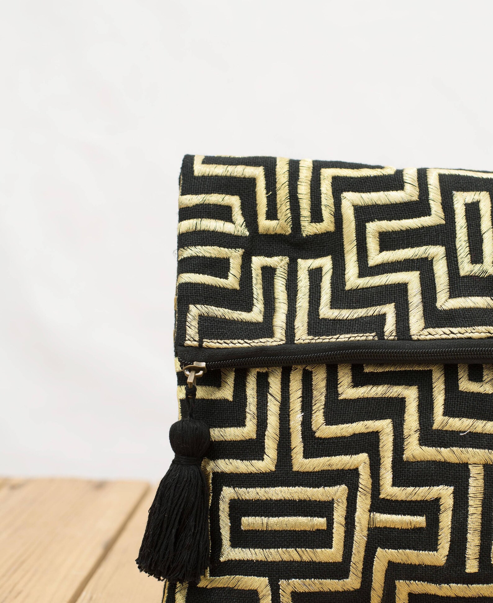 Mola Purse, Black and Gold Colour Bag, Foldover Clutch, Embroidered ...
