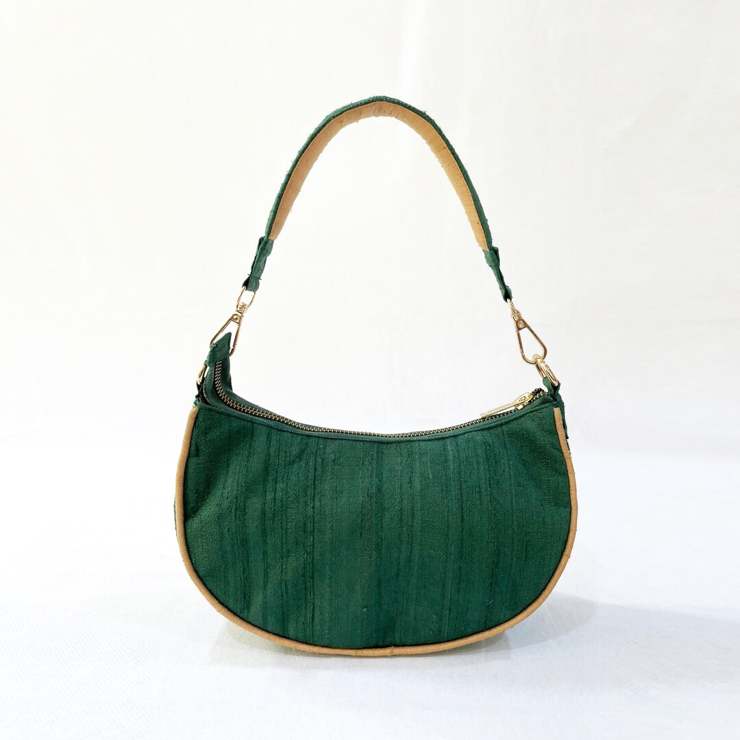 Small Half Moon Crescent Purse, Pure Silk, Bottle Green & Beige Colour ...