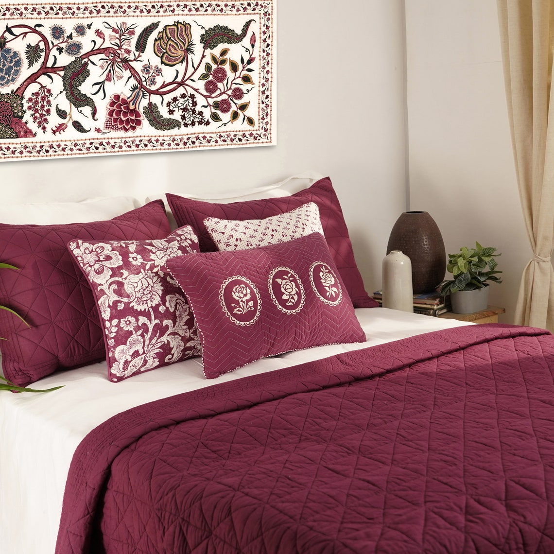 PLUM or MAROON Cotton Quilted Bed Set, Sizes Available - Etsy