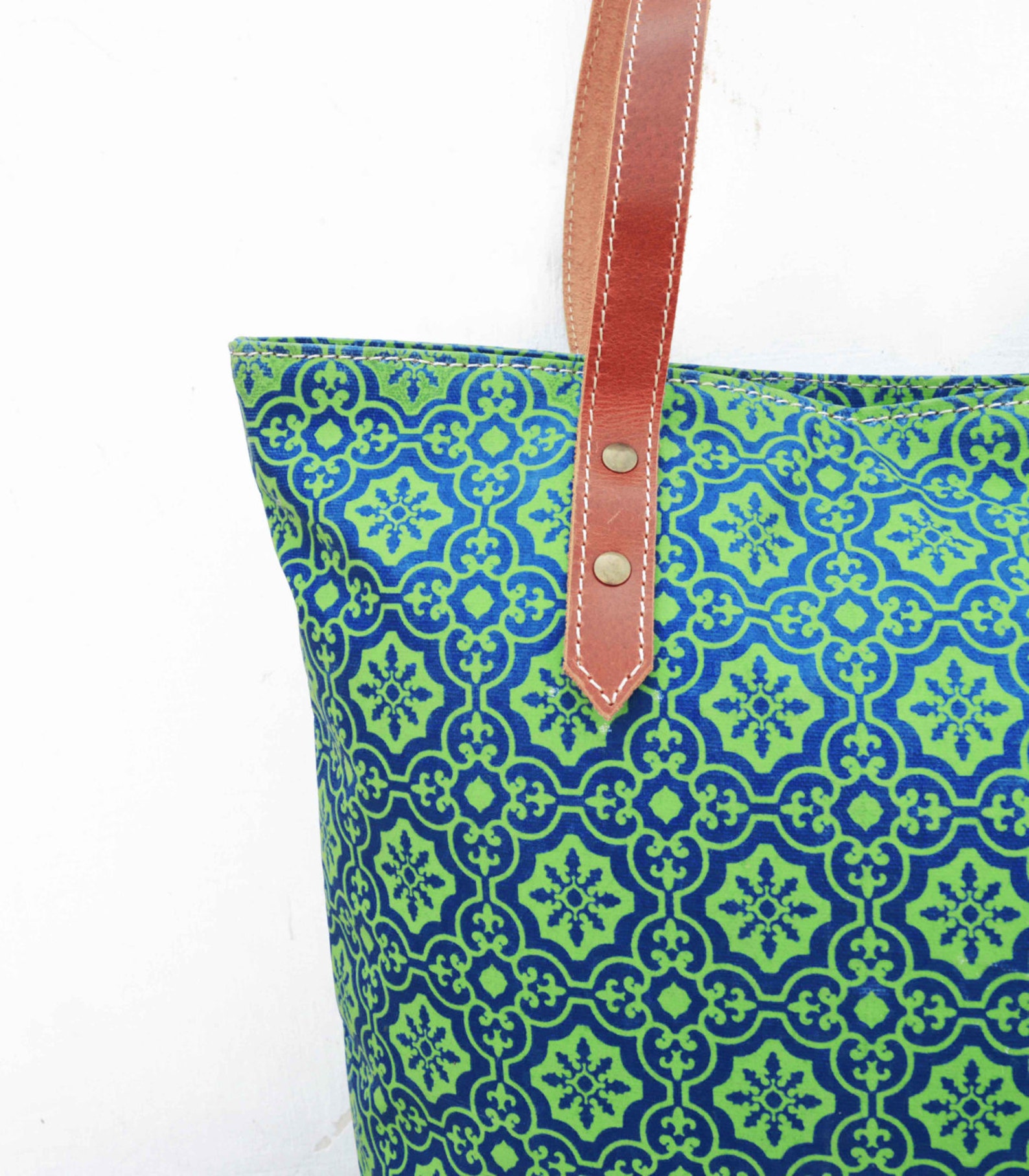 Tote Bag Laminated Cotton Turquoise Bag Retro Print | Etsy