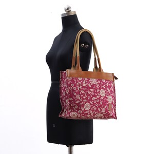 Marsala Print Cotton and Leather Tote Bag, Large Tote, Shoulder Bag. - Etsy
