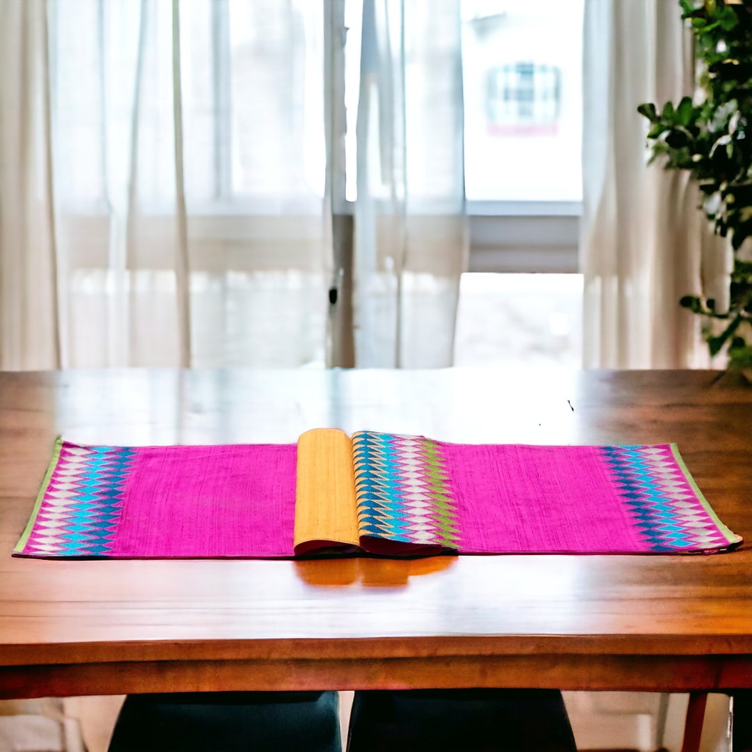 Silk Table Runner, Ikat Pattern, Multicolor Embroidery, Bohemian, Asian ...