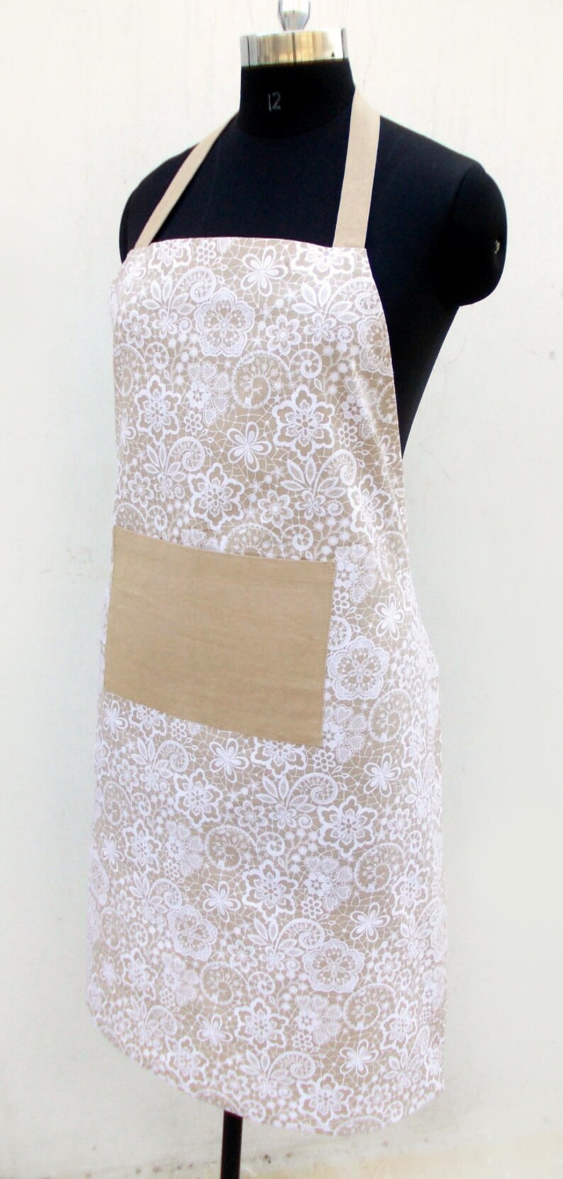 Beige color apron lace print kitchen accessory 100% cotton | Etsy