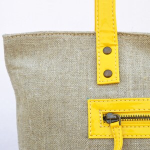Large Yellow Tote Bag in Linen and Yellow Faux Leather - Etsy