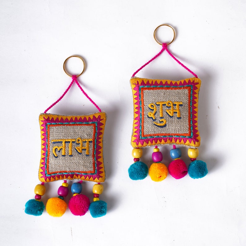 Pair of SHUBH-LABH Tassels, Multicolor Handmade Auspicious Charm, Size ...