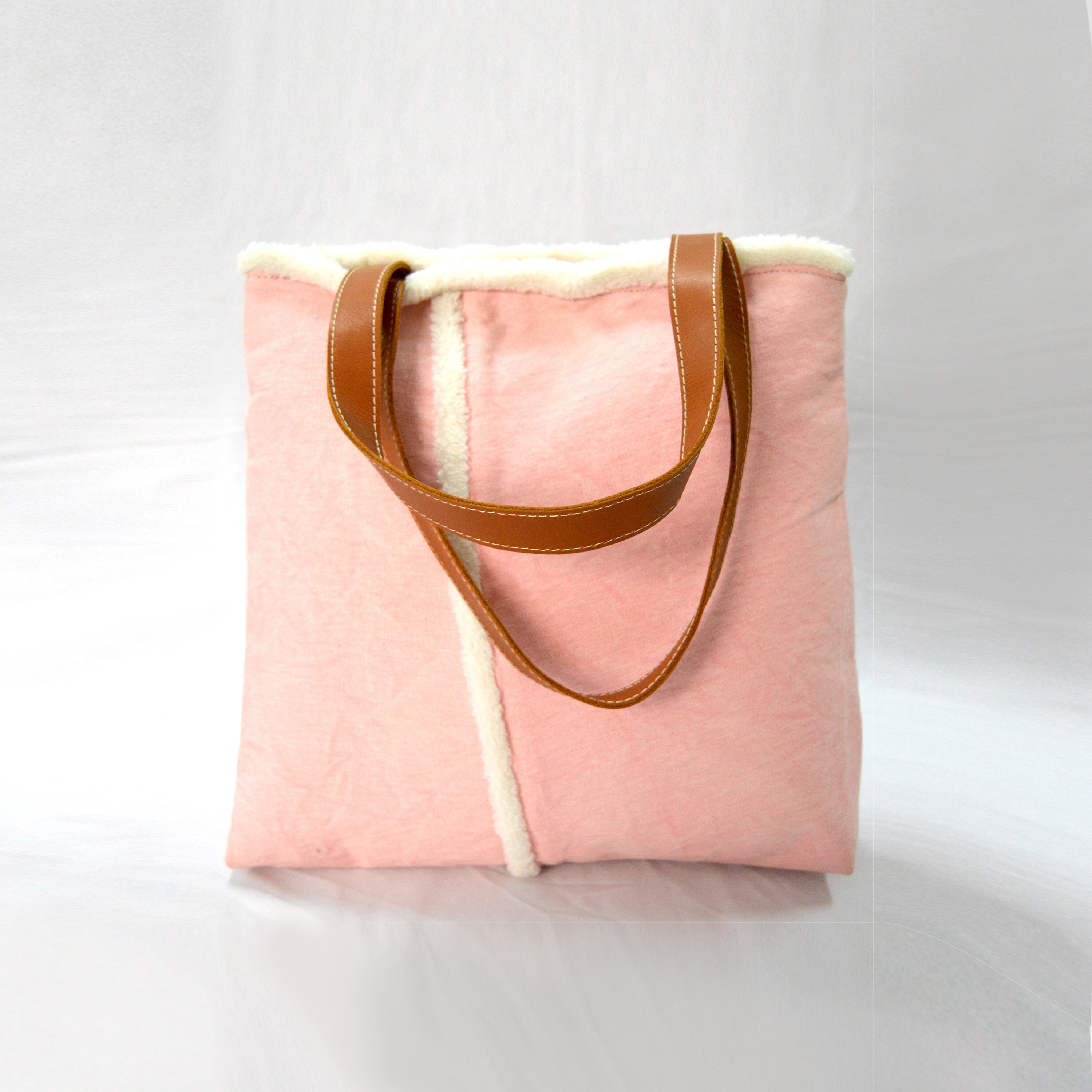 SALE Pink Canvas Tote Bag With Pure Leather Handles and Faux | Etsy