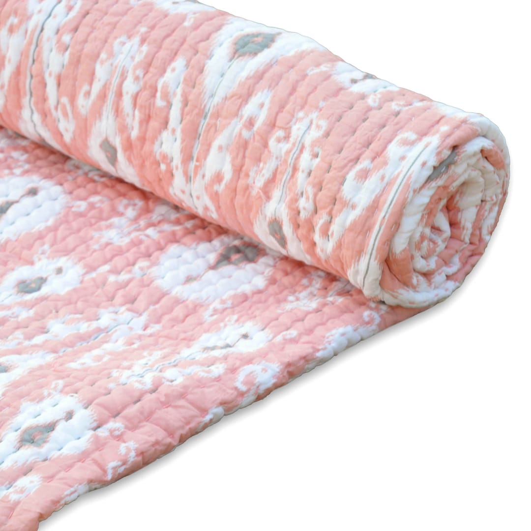 CORAL IKAT Print Cotton Kantha Quilt With Stripe Pattern Quilting ...