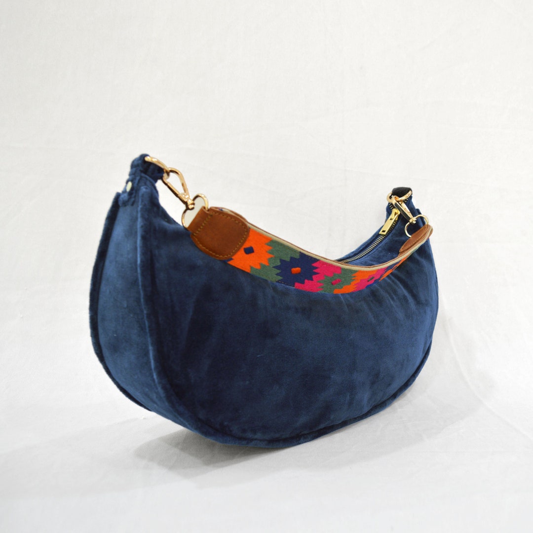 Blue Velvet Crescent Purse With Embroidered Leather Handles - Etsy