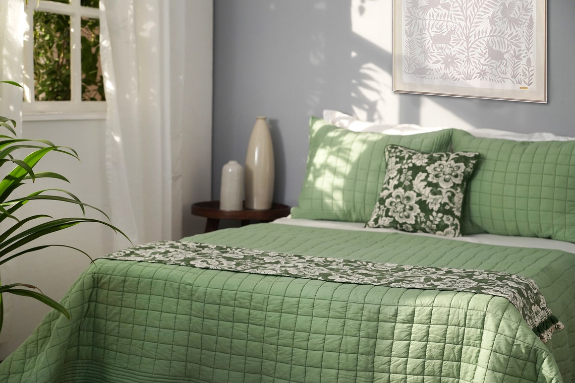SAGE GREEN Cotton Quilt With 2 Coordinated Pillow Cases Sizes - Etsy