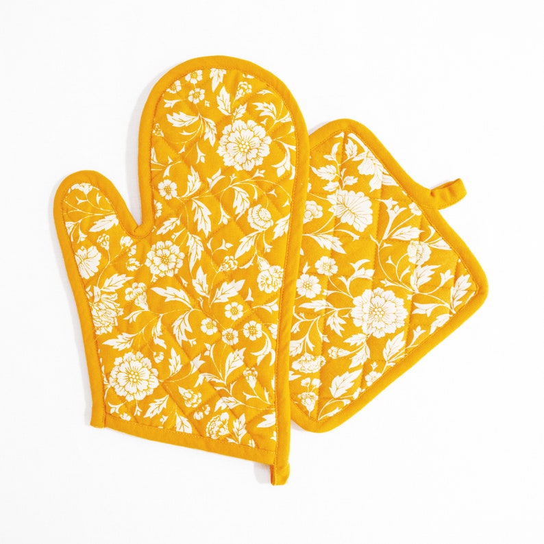 Yellow Floral Print Pot Holder and Glove Kalamkari Indian - Etsy