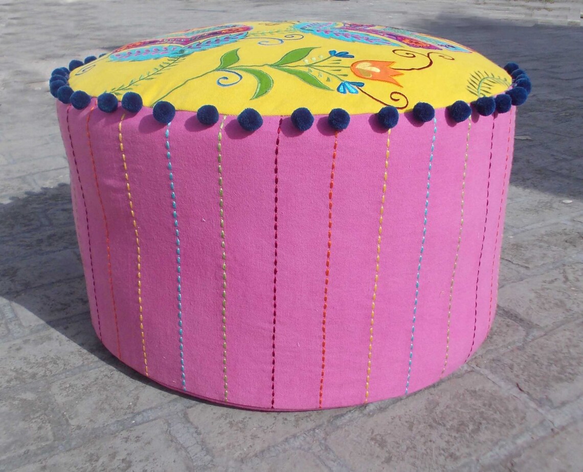 Floral Embroidered Pouf Cover, Yellow & Pink Bohemian Ottoman (22X12 ...