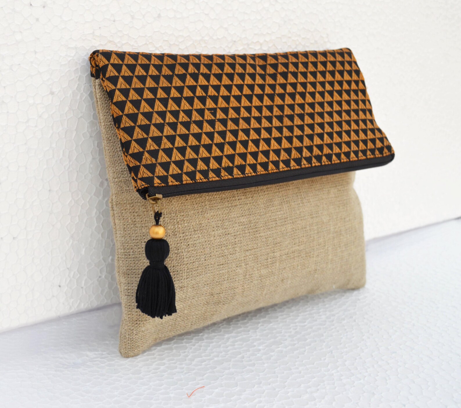 Boho Linen Pouch Brocade Bag Black and Gold Triangle - Etsy