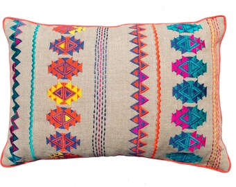 Colorful Bohemian Style Linen Pillow Cover Embroidered Moroccan Pillow ...