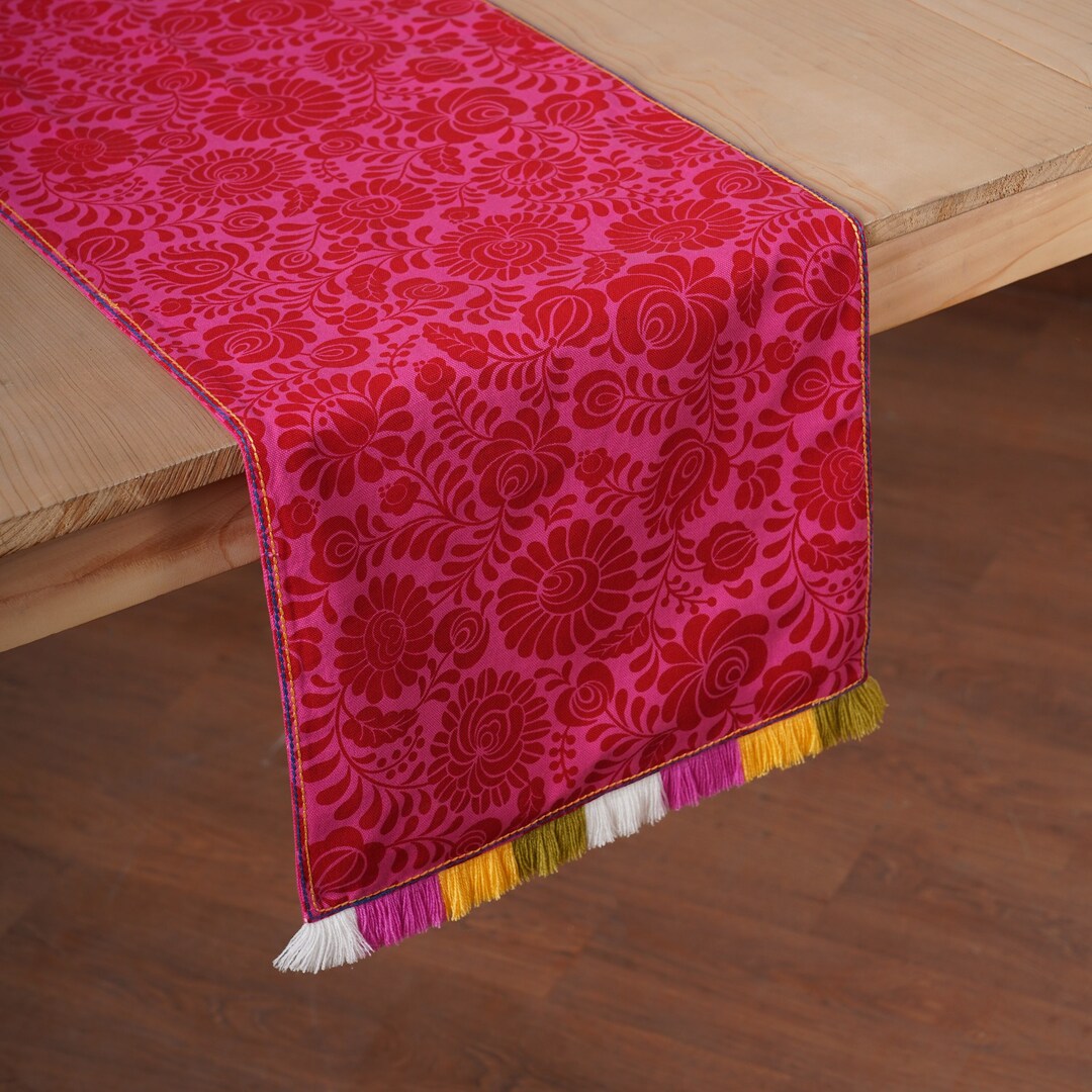 Matyo - Hot Pink Printed Cotton Table Runner With Multicolour Acrylic ...