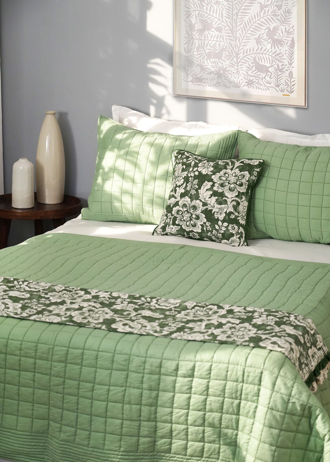 SAGE GREEN Cotton Quilt With 2 Coordinated Pillow Cases Sizes - Etsy