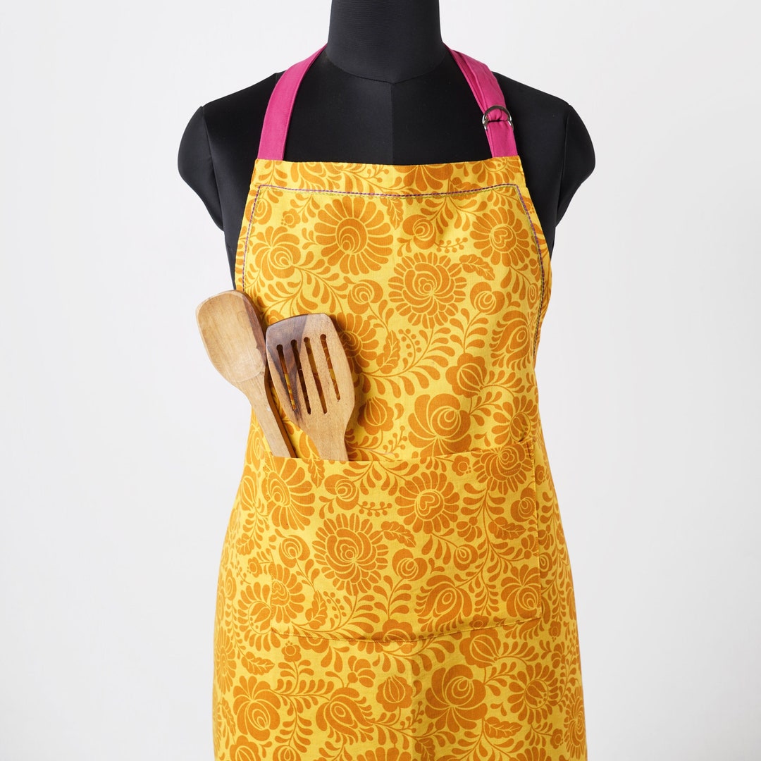Matyo Yellow Color Apron, Floral Print, Kitchen Accessory, 100% Cotton ...
