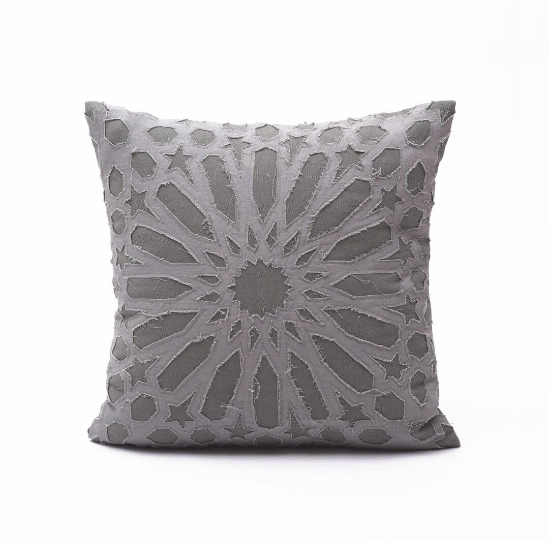 Grey Arabesque Applique' Pillow Cover With Geometrical Pattern in ...