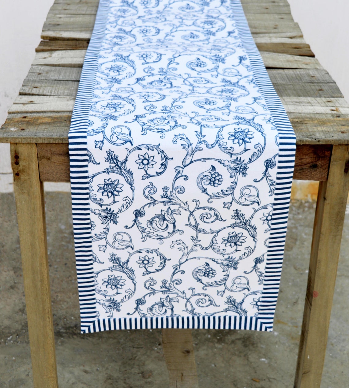 Blue Cotton Table Runner Swirl Print With Stripe Border - Etsy