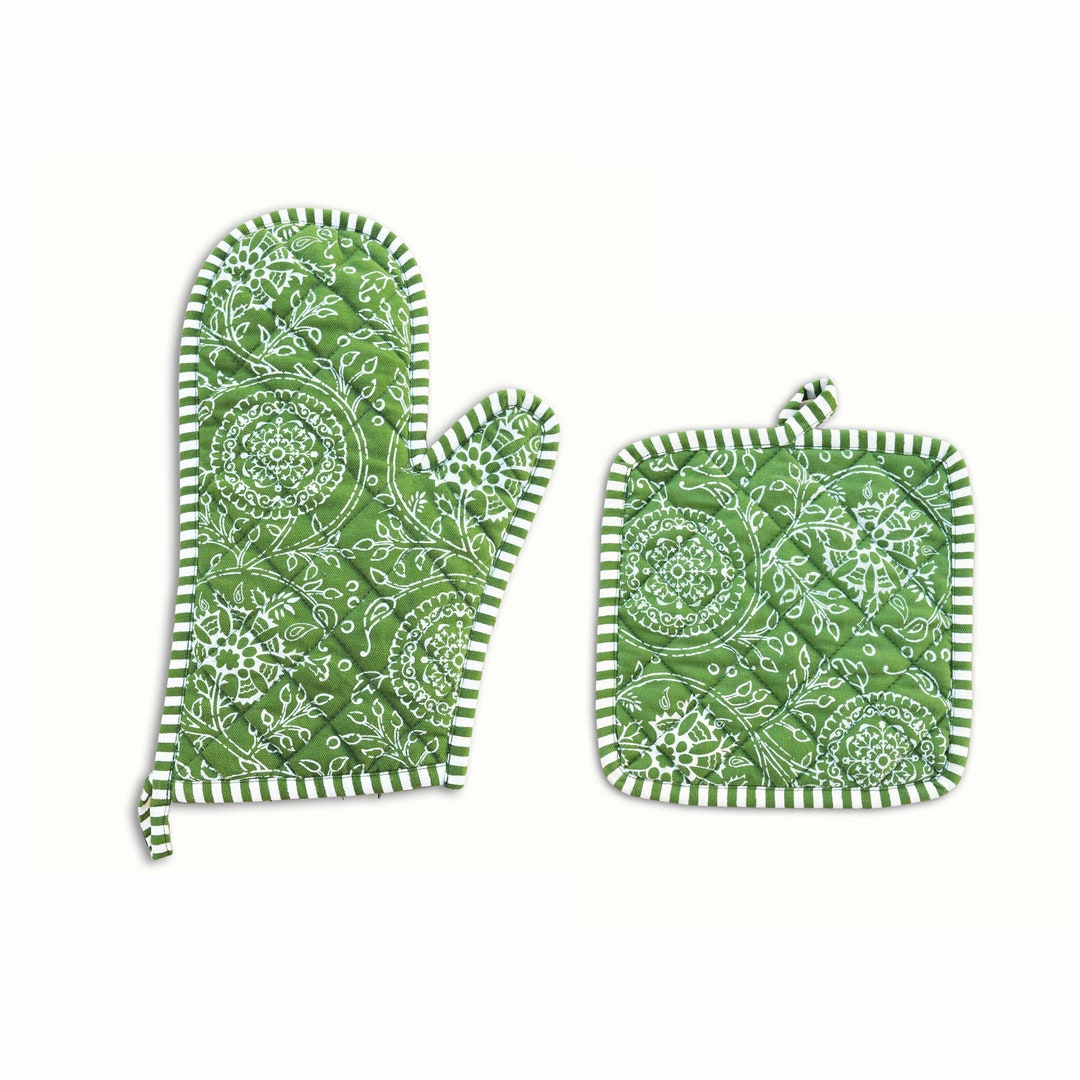 Green Floral Print Pot Holder and Glove, Kalamkari, Indian Ethnic ...